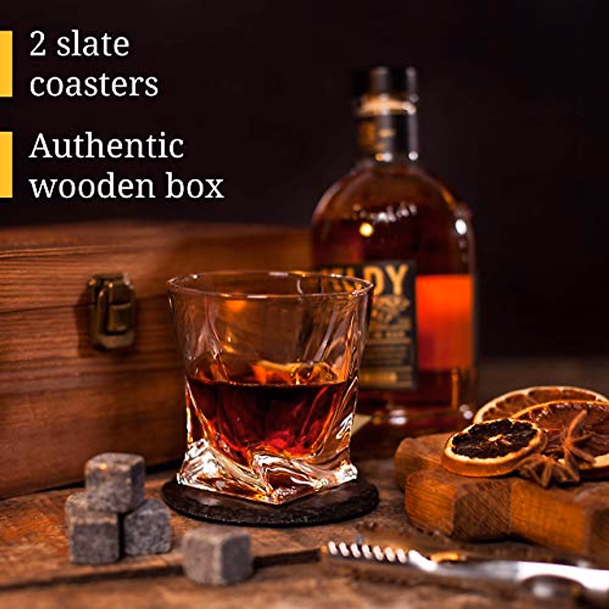 𝗕𝗘𝗦𝗧 𝗚𝗜𝗙𝗧: Fathers Day Dad Gifts For Men - Whiskey Glass Set of 2 - Bourbon Whiskey Stones Wood Box Gift Set - Includes Crystal Whisky Glasses, Chilling Rocks, Slate Coasters for Scotch Burbon