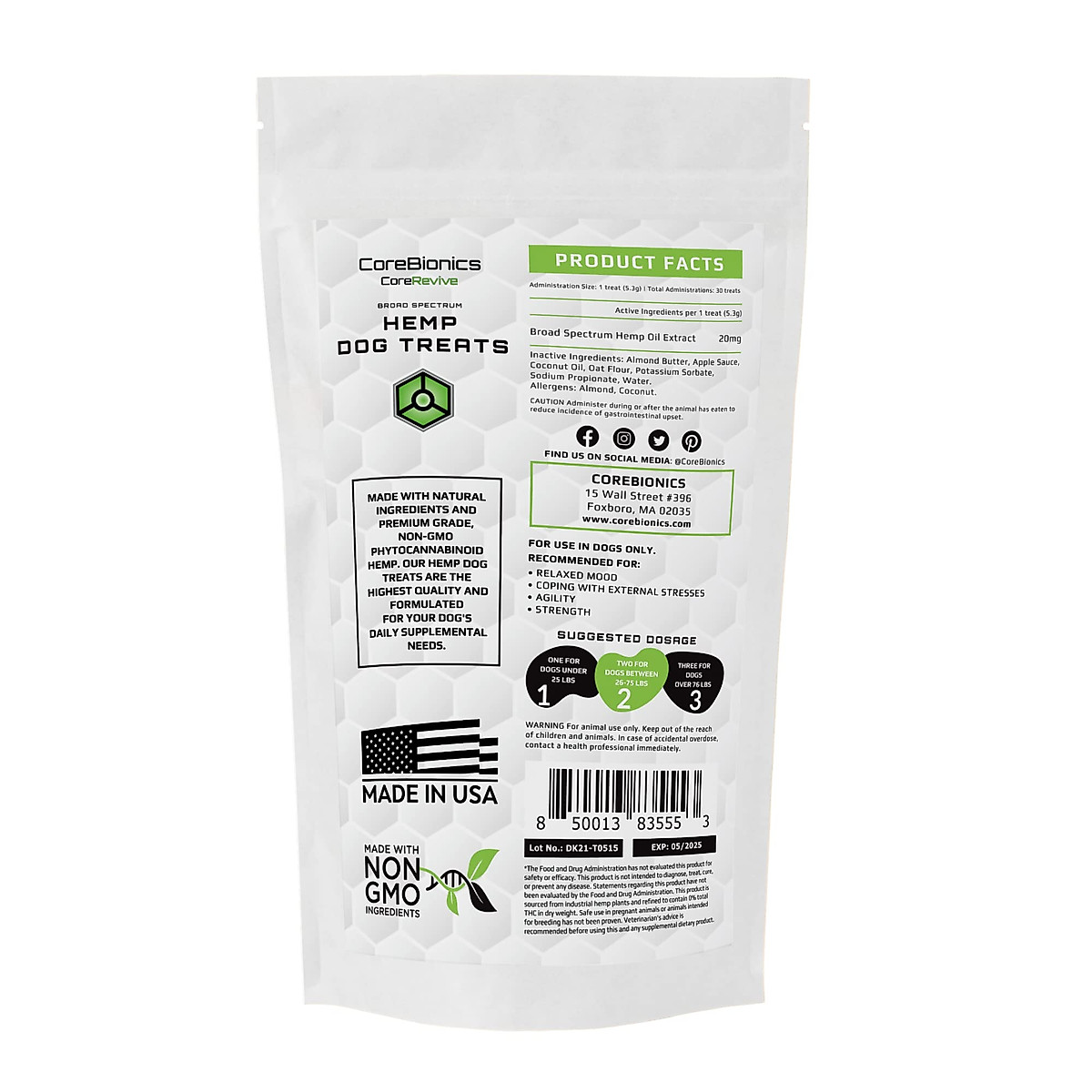 CoreBionics Premium Hemp Dog Treats - 600mg (30ct) - Support for Joint Flexibility and Mobility, Nervousness, Hyperactivity and Environmentally-Induced Stress