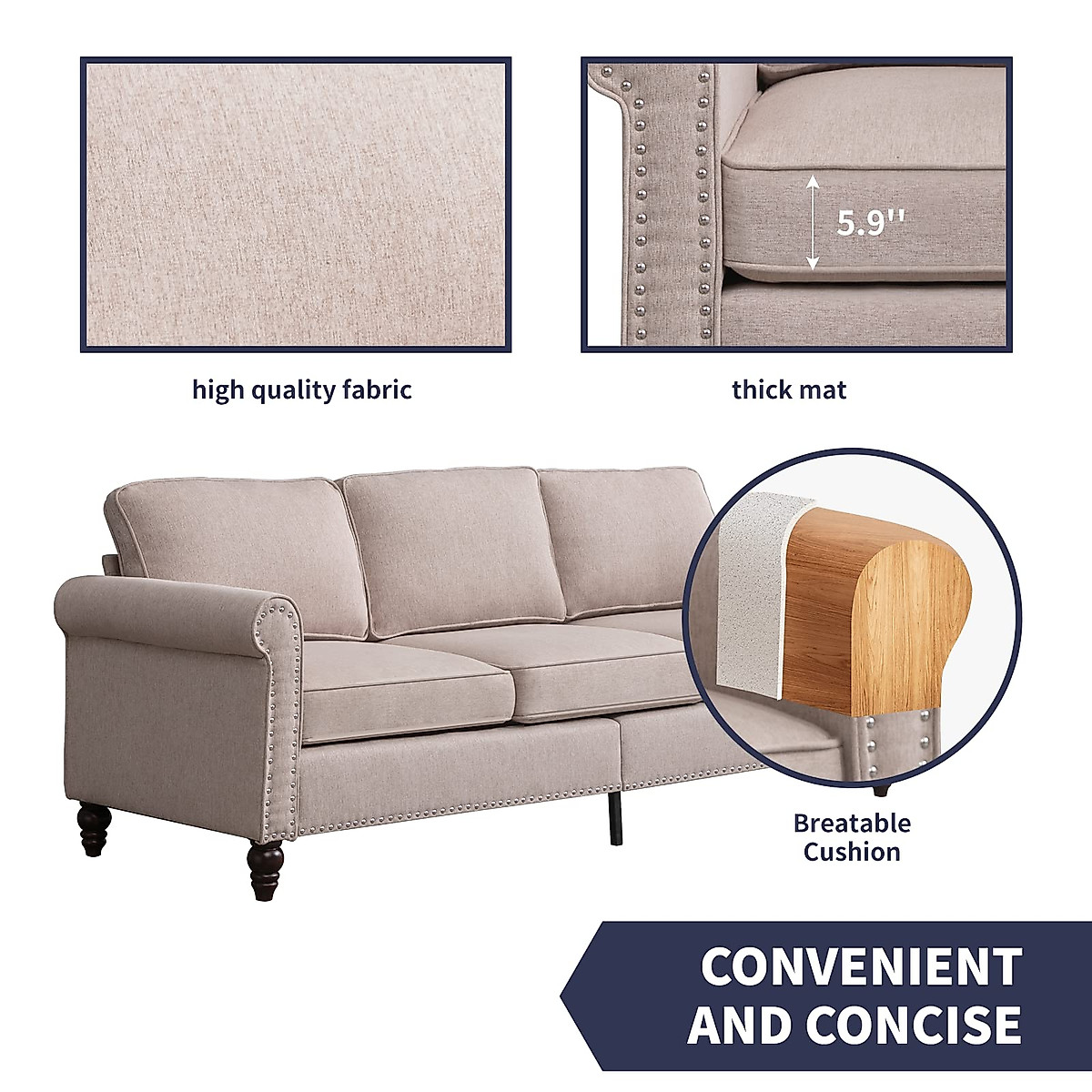 ZAFLY Sofa Couch, Beige 3 Seat Couches for Living Room, Mid Century Modern Couch with Solid Wood Frame and 4 Gourd Shapes Legs for Home/Office/Apartment