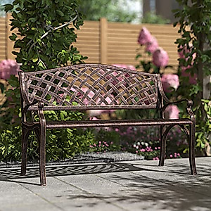 BELLEZE Patio Outdoor Garden Bench, 40 inch Cast Aluminum Loveseat Chairs with Armrests for Park, Yard, Porch, Lawn, Balcony, Backyard, Antique Seat Furniture, Bronze
