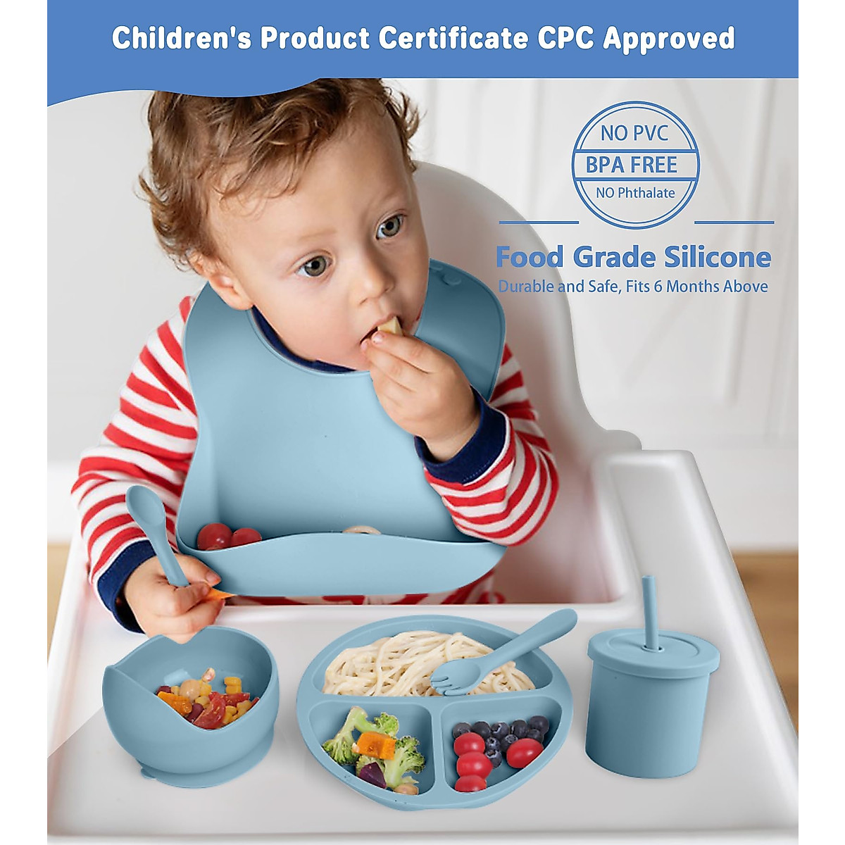 ECLIP Silicone Baby Feeding Set, 10 Pcs Baby Led Weaning Supplies with Suction Bowl Divided Plate Adjustable Bib Soft Spoon Fork Snack Cup with Lid Drinking Cup, Utensil (Blue)