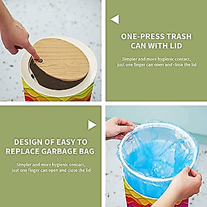 Small Trash Can with Lid Bright Rainbow Glaze Seamless Texture for Fabric Wrapping Decorative Garbage Bin Wood Waste Bin Press Cover Round Wastebasket for Bathroom Bedroom Diaper Office Kitchen