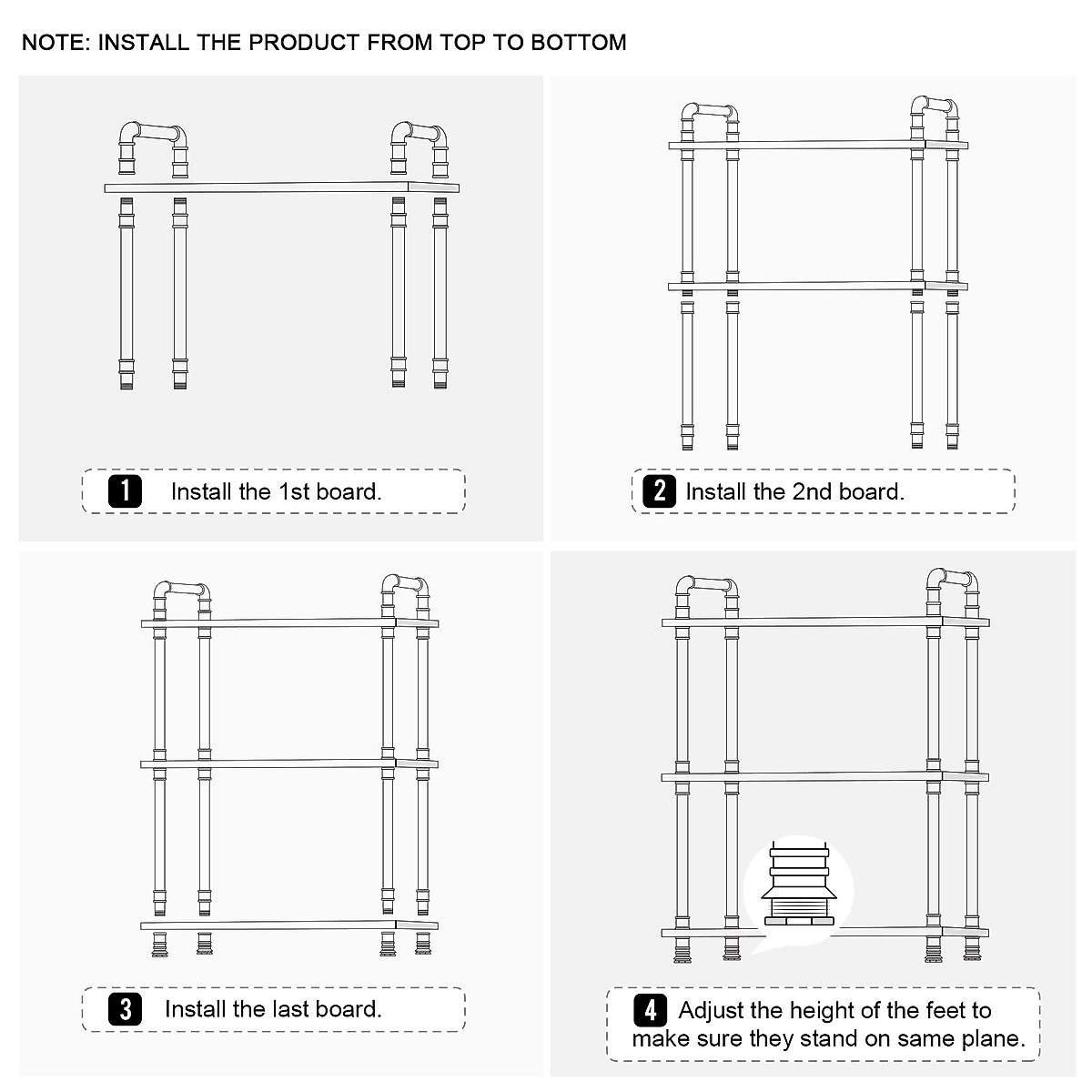 HouseAid 3 Tier Industrial Pipe Etagere Bookcase, Rustic Farmhouse Standing Shelf, Real Pine Wood Open Shelves for Living Room, Bathroom and Kitchen, Wall Mounted, Matte Black (39.4”×31.5”×11.8”)