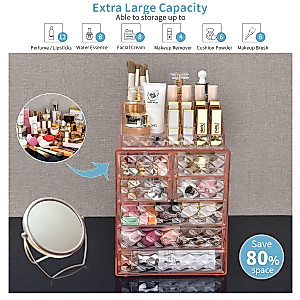 COMVTUPY Clear Makeup Organizer with Brush Holder, Large Acrylic Cosmetic Display Jewelry & Make Up Organizers and Storage for Vanity, Bathroom (3 Large, 4 Small Drawers, Diamond Pink)