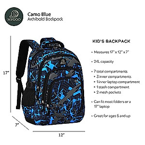 MYGOO Boys Vibrant School Backpack | Archibald Collection | 17" Tall 24L | Camo Blue