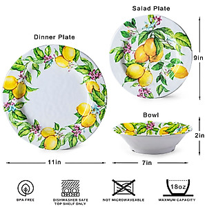 LEHAHA Lemon Melamine Dinnerware Dish Set – 12 Piece Indoor and Outdoor Plates and Bowls Set for Everyday Use, Dishwasher Safe, Unbreakable Kitchen Dinner Set, Service for 4…