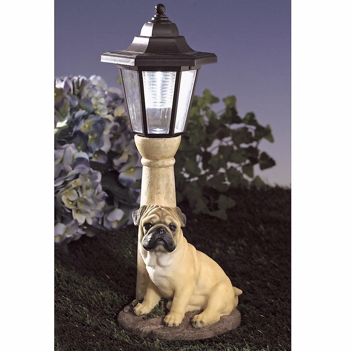 Bits and Pieces-Solar Light Fawn Pug-Solar Powered Garden Lantern - Resin Dog Sculpture with LED Light