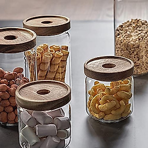 Bekith 4 Pack 15 FL OZ (450ml) Glass Food Storage Jar with Acacia Lids, Airtight Sealed Clear Glass Canisters, Kitchen Food Storage Container for Serving Tea, Coffee Beans, Nuts, Spice, Sugar