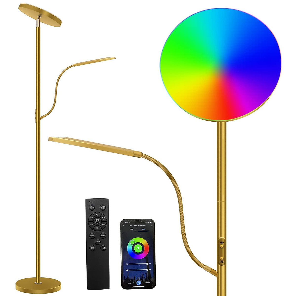 Hyskostar Gold Floor lamp,Top Sky Light and Side Reading Lamp,RGB LED Modern Super Bright Floor Lamps-Tall Standing Pole Light with Remote & Touch Control for Living Room,Bed Room,Office