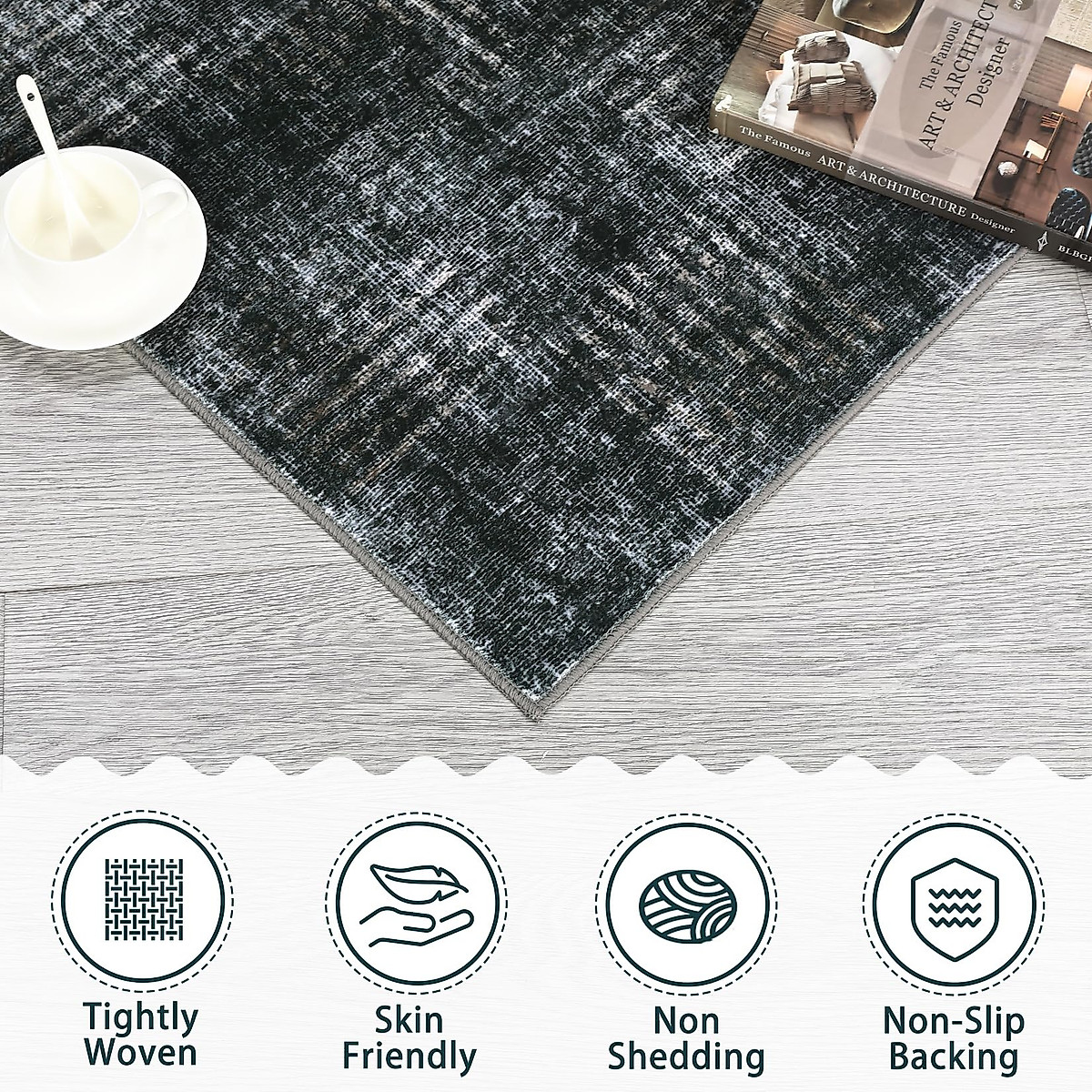 ROYHOME 8x10 Area Rug Machine Washable Rug for Living Room Plaid Checkered Indoor Accent Rug Stain Resistant Non-Slip Modern Abstract Aesthetic Floor Cover Carpet for Home Decor, Dark Grey