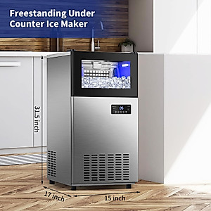 Commercail Ice Maker 130Lbs/24H with 35Lbs Ice Capacity,Upgraded 15" Wide Under Counter Ice Machine 45Pcs Ice Cubes, Commercial Ice Machine Self Clean Stainless Steel Built-in or Freestanding