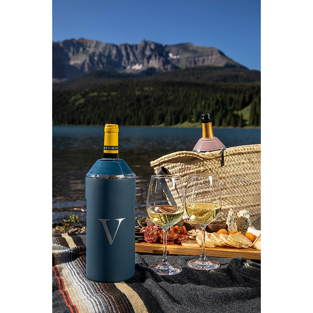 Vinglacé Wine Bottle Chiller Gift Set- Portable Stainless Steel Wine Cooler with 2 Stemless Wine Glasses, Navy