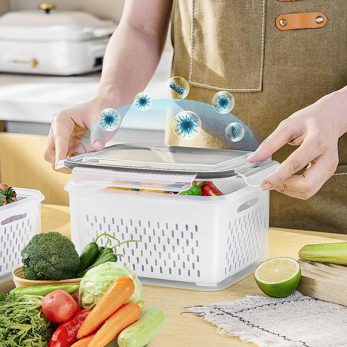 4 PCS Large Fruit Storage Containers for Fridge with Removable Colanders, Airtight Food Storage Containers with Lids, 4 in 1 Produce Containers Keep Food Meat Fresh Longer (0.38L+0.8L+1.7L+3.15L)