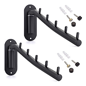 Sumnacon 2 Pcs Stainless Steel Clothes Hanger Rack-Wall Mount Garment Hook with Swing Arm, Sturdy Coat Robe Storage Organizer for Laundry Room Bedrooms Clothing Drying Rack with 5 Hooks, Black