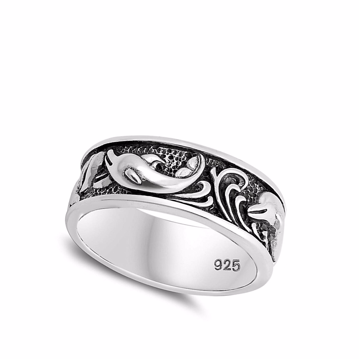 Oxidized Dolphin Wave Playing Animal Ring .925 Sterling Silver Band Size 12