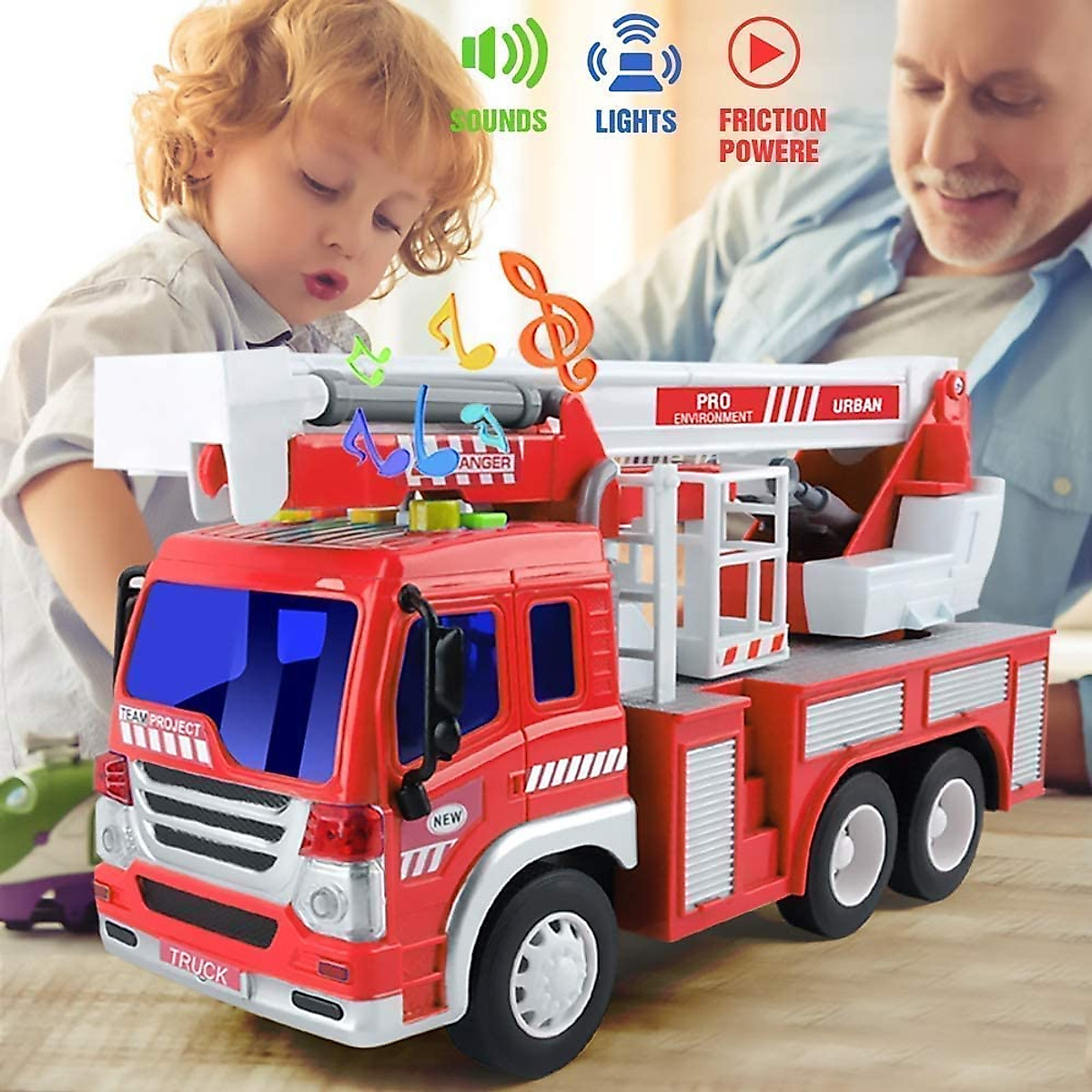 Fire Truck Toys with Siren Lights and Sounds, 1:16 Scale Fire Engine Truck for 3-5 year old Boys Extending Rescue Rotating Ladder Pull Back Toy Trucks for Kids 3 4 5 6 7 8 Years Old Birthday Xmas Gift