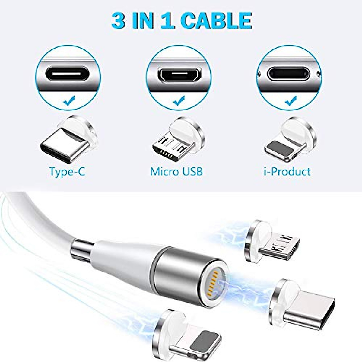 Magnetic Charging Cable, Super Organized Retractable Fast Charging Cable,AICase 3 in 1 Self Winding Phone Cable with Data Transmission, Magnetic Charging Cable for Type-C,Micro USB and iProduct
