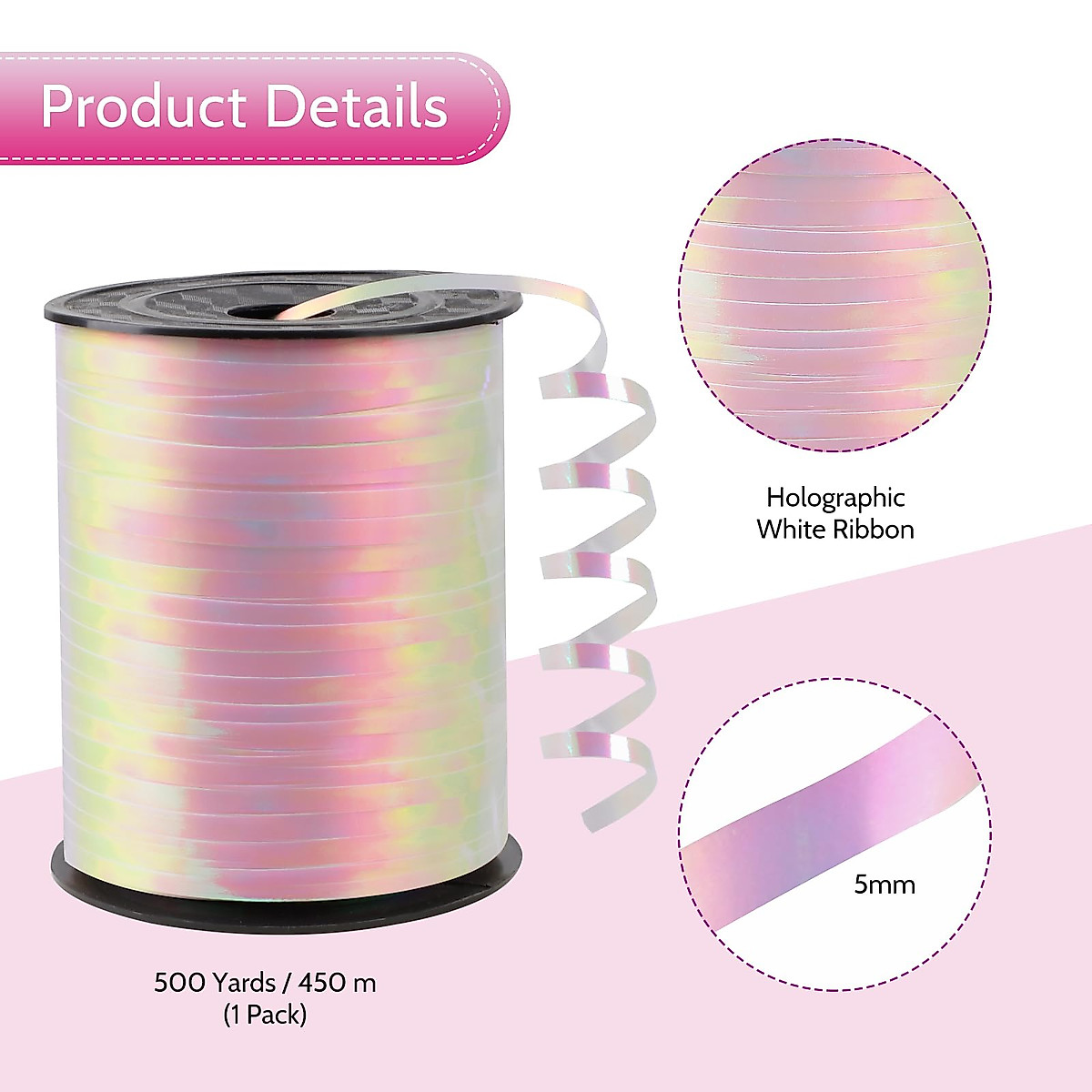 500 Yards Iridescent White Ribbon Metallic Balloon Curling Ribbon for for Party Festival Art Craft Decor,Florists, Weddings, Crafts and Gift wrap (Iridescent White)