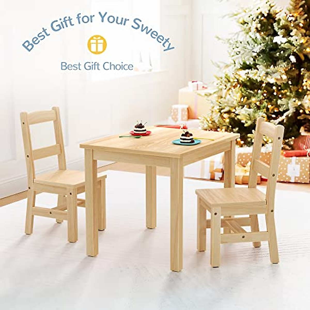 Curipper Rubberwood Kids Table and 2 Chair Set, Water Resistant Toddler Table and Chair Set, Non-Slip Pad and Waterfall Edge, Easy to Clean,Ideal Children Table Set for Bedroom, Playroom,Natural Wood
