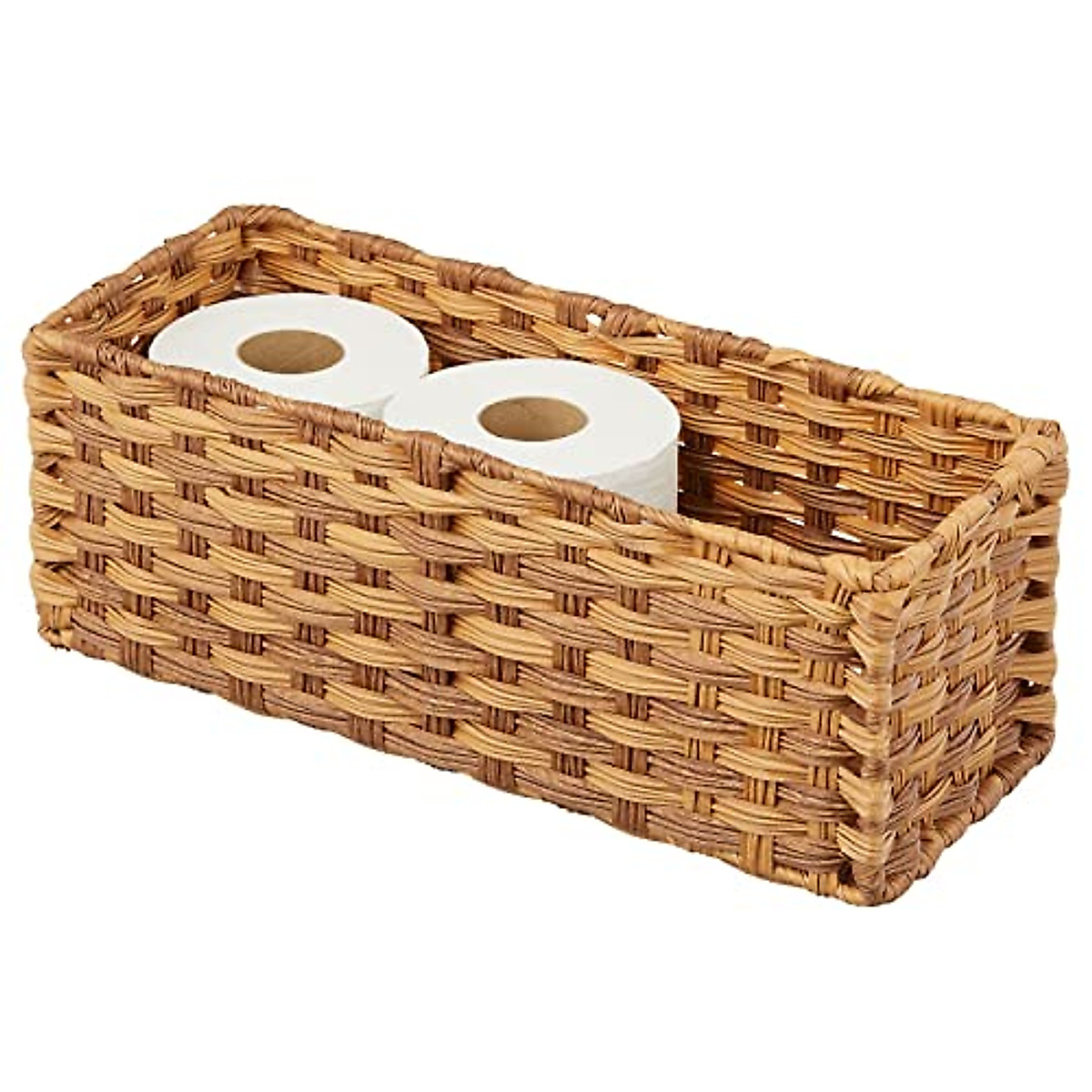 mDesign Rustic Farmhouse Woven Toilet Paper Holder Basket - Small Storage Organizer Tank Topper for Bathroom Counter or Top of Toilet - Holds 3 Rolls of Toilet Paper - Camel Brown