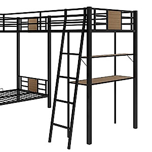 BOVZA Metal Triple Bunk Bed, L Shaped Twin Over Twin Bunk Bed and Twin Size Loft Bed with Desk and Shelf, 3 Bunk Beds for Kids Teens Adults, Brown