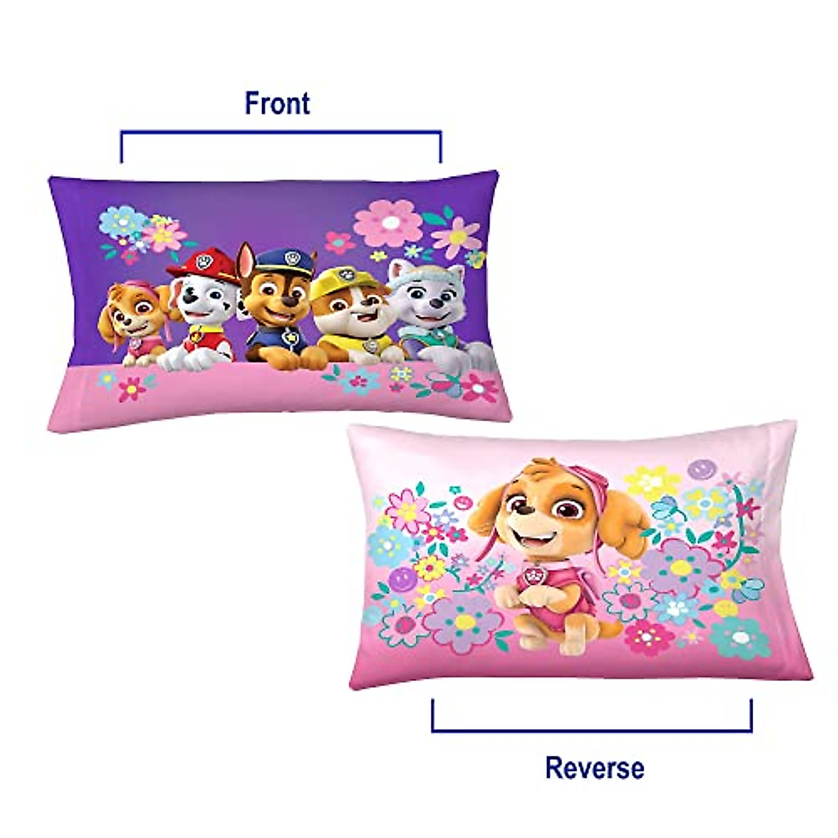 Paw Patrol Girl Reversible Pillowcase for Kid's - Flower Doggies Standard Kids Pillowcase - 20 X 30 Inch (1 Piece Pillow Case Only)