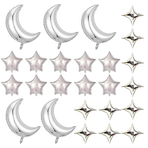 GLASNES 25Pcs Moon Star Shape Foil Balloons Set with 5 Pcs 28 Inch Large Moon Foil Balloons and 20 Foil Star Balloons for Wedding Baby Shower Birthday Graduation Anniversary Party (silver)