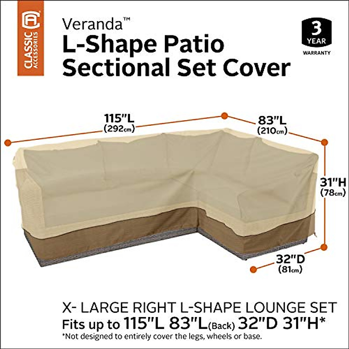 Classic Accessories Veranda Water-Resistant 115 Inch Patio Right-Facing Sectional Lounge Set Cover, Patio Furniture Covers