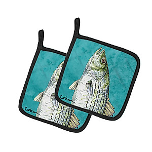 Caroline's Treasures 8720PTHD Striped Bass Fish Pair of Pot Holders Kitchen Heat Resistant Pot Holders Sets Oven Hot Pads for Cooking Baking BBQ, 7 1/2 x 7 1/2