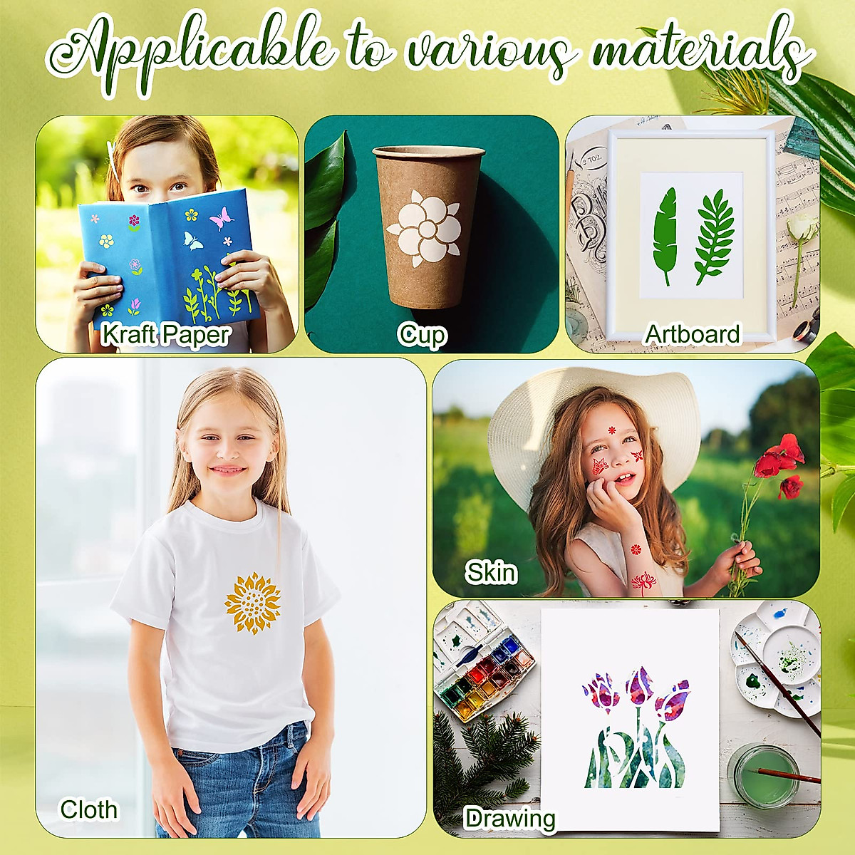 100 Pcs Stencils for Painting on Wood Reusable Stencil Crafts Drawing Templates Holiday Stencils Wall Paper Stencil Set for DIY Art Scrapbook Home Decor 2 x 2 Inch (Flower, Plants)