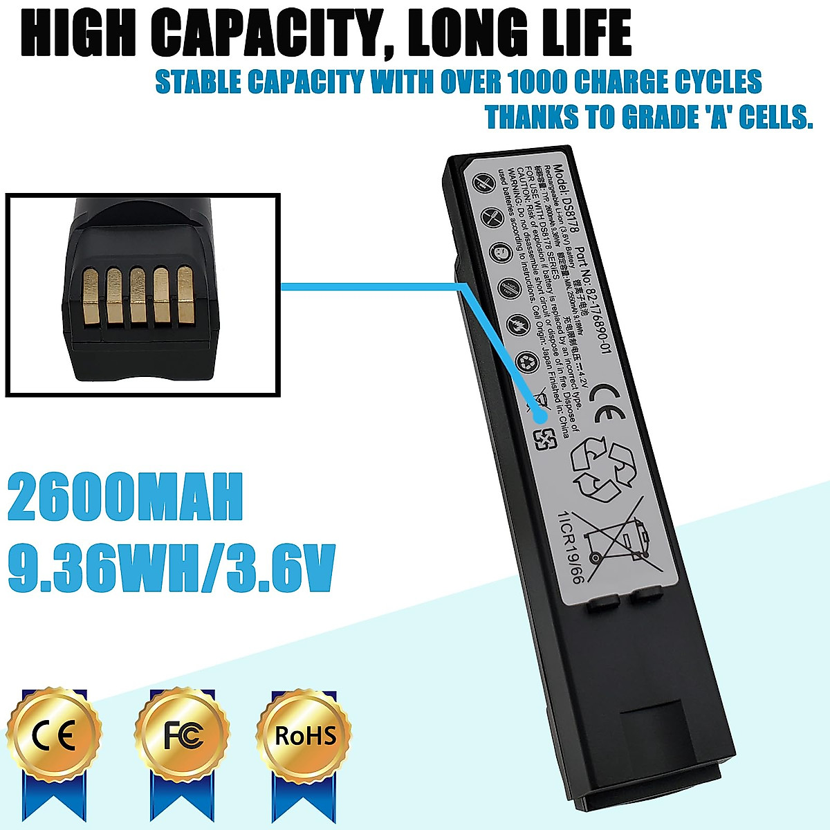 LAQUEENA DS8178 2600mAh Battery Compatible with Zebra DS8100 DS8178 DS8170 Series Barcode scanners BTRY-DS81EAB0E-00 BTRY-ZDS81EAZB0E-00 81-176890-01 71-176890-01 AS-000231-01 3.6V