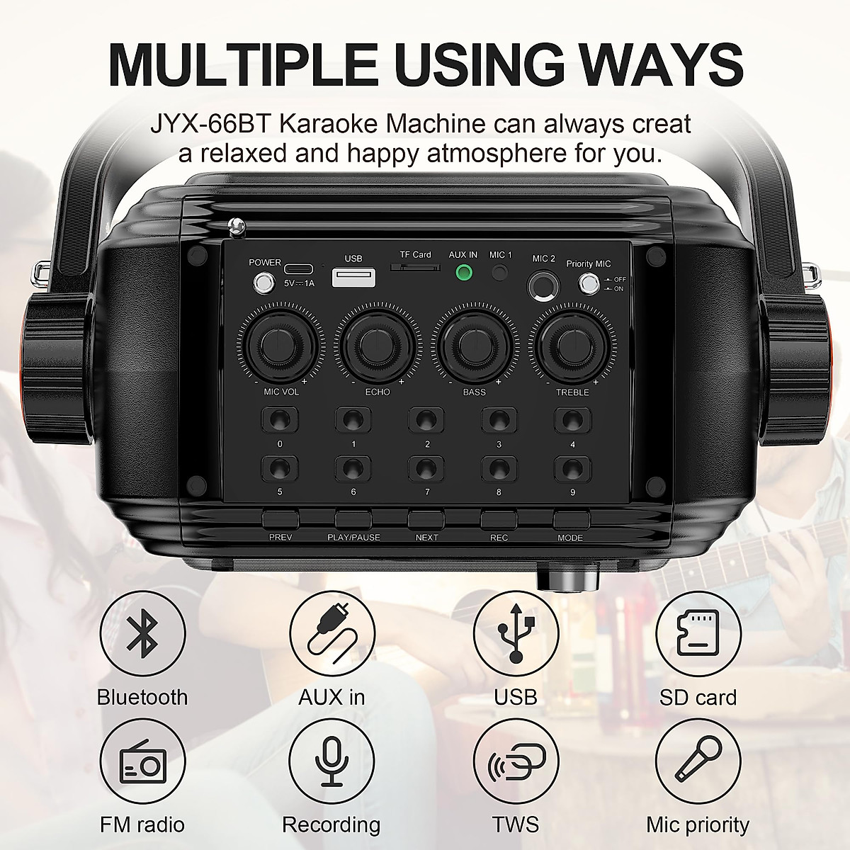 JYX Karaoke Machine with 2 UHF Wireless Microphones,5200mAh Portable Microphone Speaker Set Bluetooth 5.0 Rechargeable PA System with TWS,FM, REC,Stage Subwoofer Supports BT/USB/TF Card/Aux for Party
