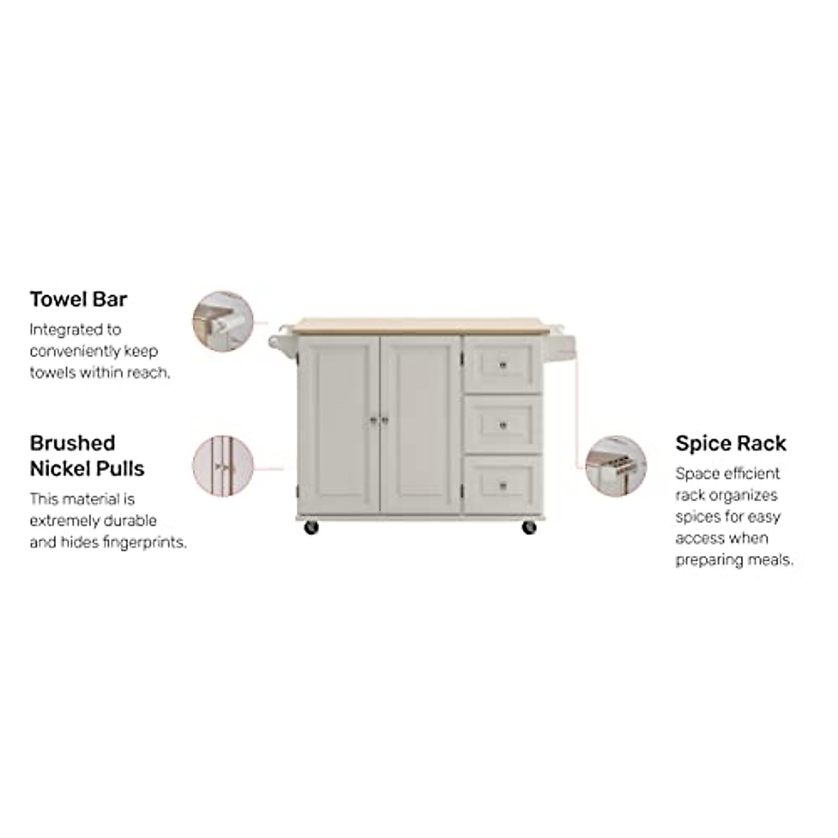 Homestyles Mobile Kitchen Island Cart with Wood Drop Leaf Breakfast Bar, Off White,Soft White, 54 Inch Width