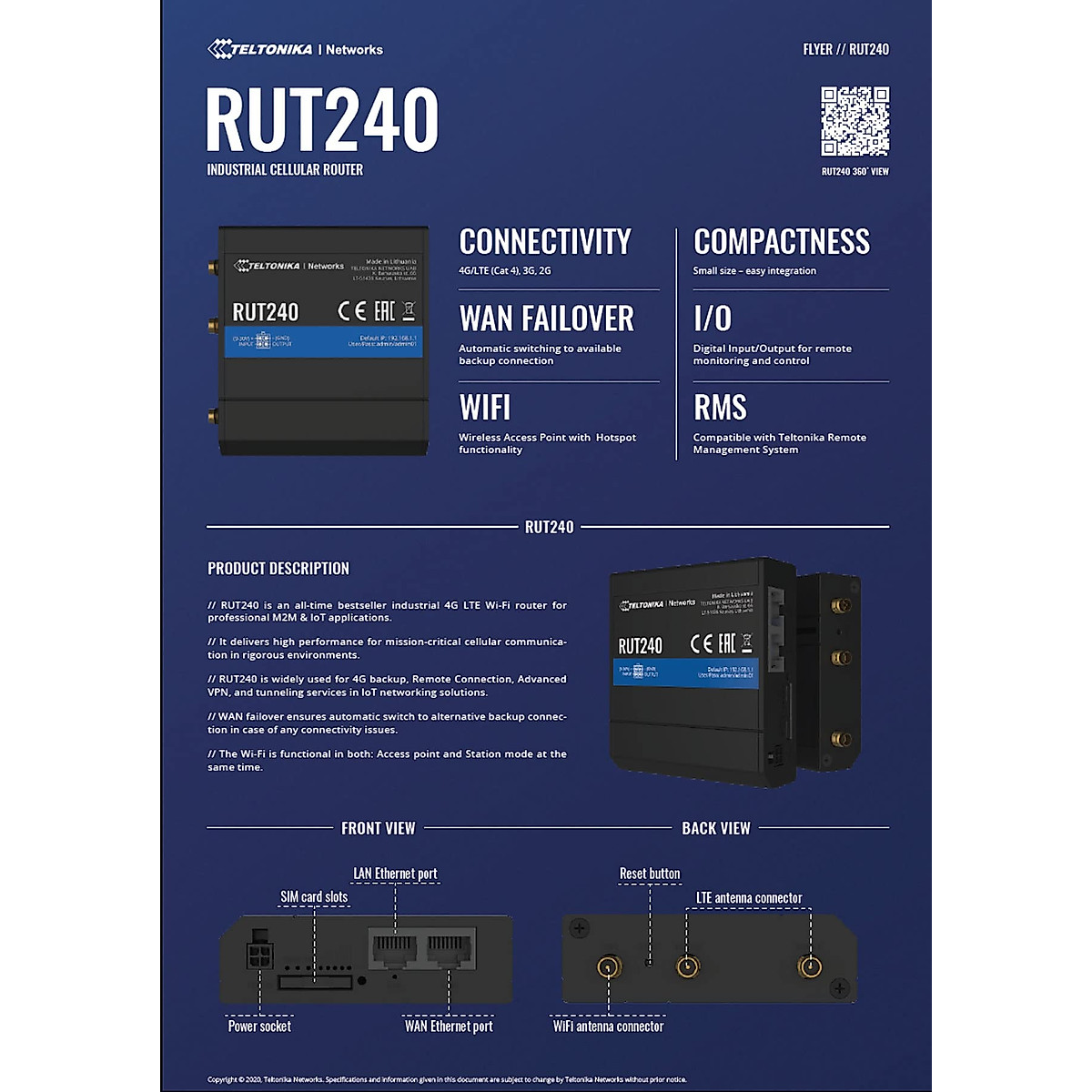 Teltonika RUT24001U000 - RUT240 LTE CAT4 Router (USA/Canada Carriers Excepte Verizon) with AC Adapter