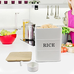 Gdfjiy Rice Container Metal Rice Storage Bin, Rice Storage Box with Airtight Bamboo Lid & Scoop, Food Storage Container for Rice Flour Soybean Grain Cereal (Cream White)