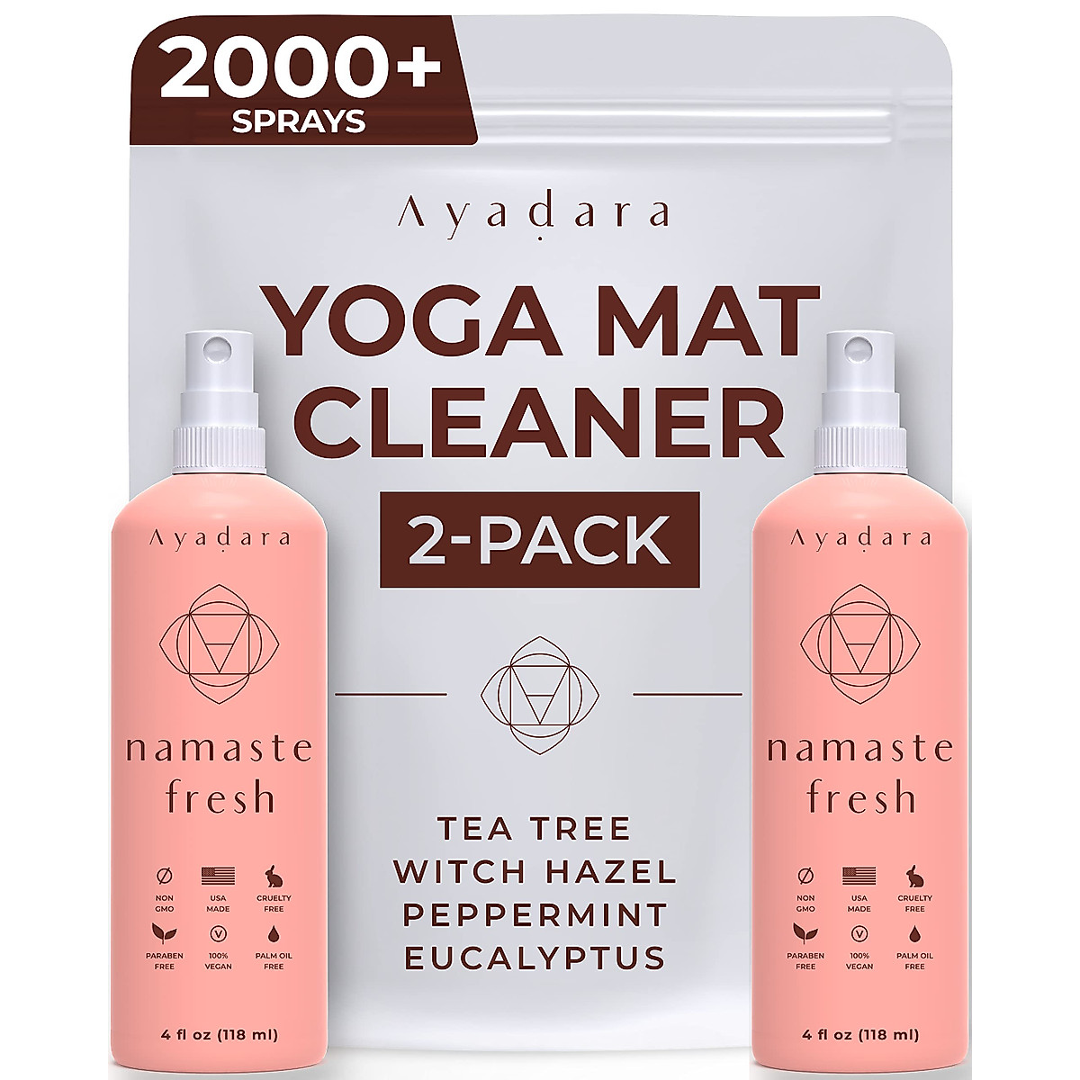 Ayadara Yoga Mat Cleaner Spray, Cleaning Spray for Yoga Accessories, All Purpose Mat Spray for Gym Equipment, Workout Mat Spray With Tea Tree Oil, Yoga Mat Spray Cleaner, 1000 Sprays per Bottle 2-Pack
