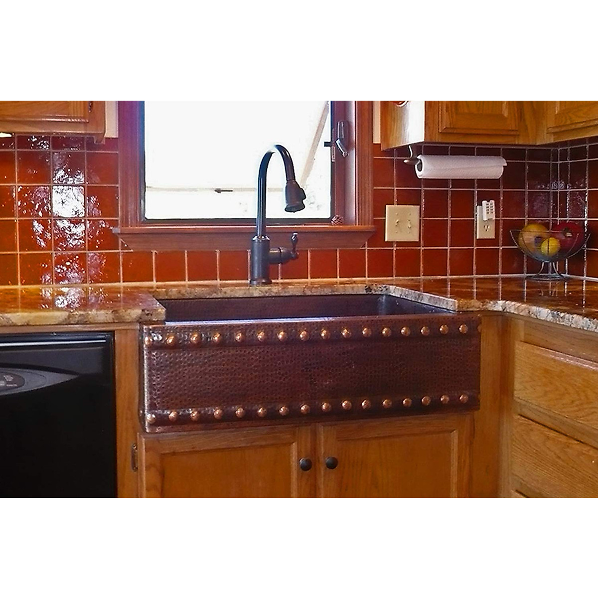 Premier Copper Products KASDB33229BS 33-Inch Hammered Copper Kitchen Apron Single Basin Sink with Barrel Strap Design, Oil Rubbed Bronze