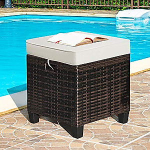 BETTARY 2PCS Patio Outdoor Ottomans, Rattan Wicker Ottoman Seat w/Removable Cushions, Rattan Footstool Footrest Seat Set, Patio Wicker Furniture Small Chair for Home,Patio, Garden, Backyard (Brown)