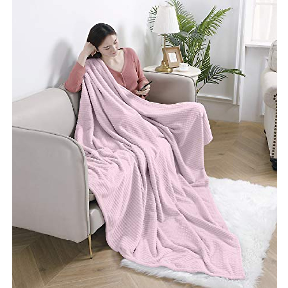 RACHEL Rachel Roy Jacquard Textured Oversized Throw - Silky Soft and Cozy Flannel Fleece, Blanket for Bed and Couch - Oversized Throw 60" X 70", Dark Lavender