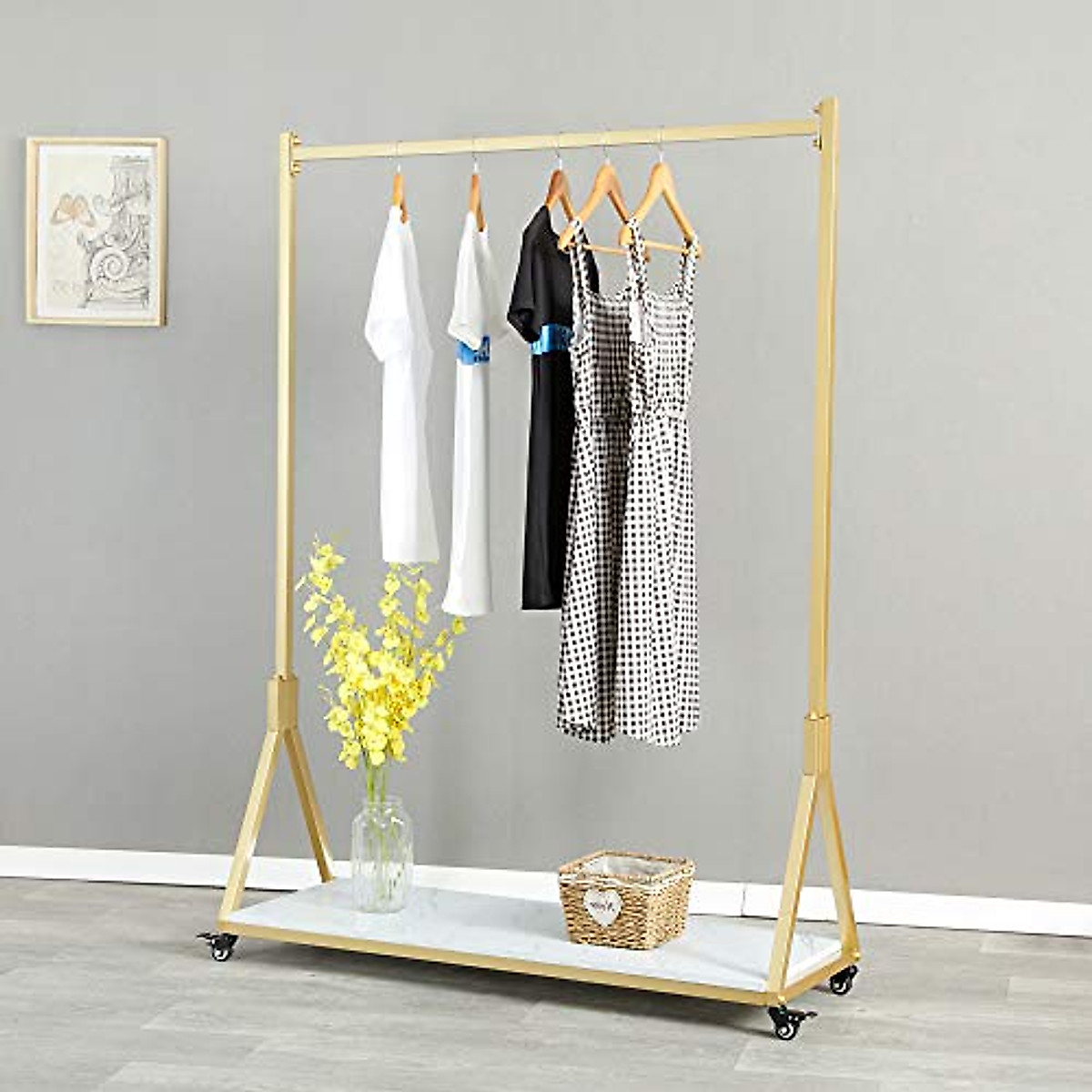 FURVOKIA Modern Simple Heavy Duty Metal Rolling Garment Rack with Wheels,Retail Display Clothing Rack with Wood, Single Rod Floor-Standing Hangers Clothes Shelves (Gold, 47.2 L)