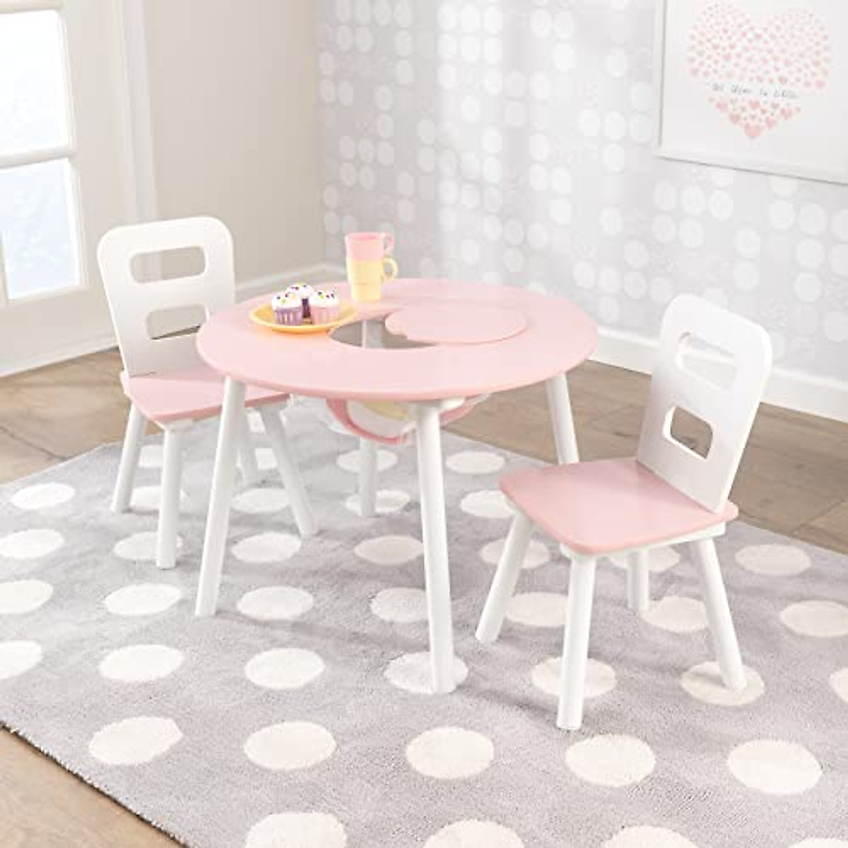 KidKraft Wooden Round Table & 2 Chair Set with Center Mesh Storage- Pink & White, 23.5 x 23.5 x 17.2