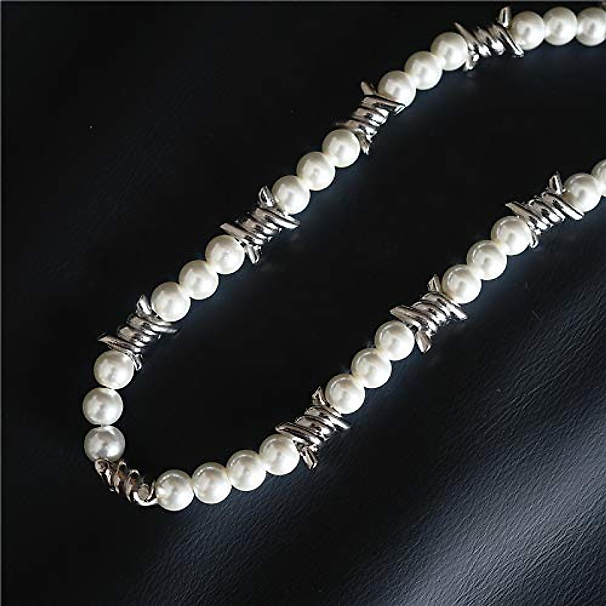 Punk Thorns Necklace Metal Chain Safety Obtuse Padlock Pearl Necklace Hiphop Rock Jewelry for Men-with Pearl