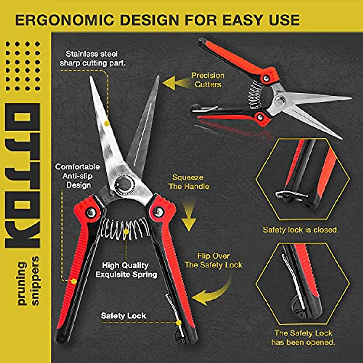 KOTTO 4 Pack Professional Bypass Pruning Shears, Stainless Steel Cutter Clippers, Sharp Hand Pruner Secateurs, Garden Trimmer Scissors Kit with Storage Bag and Protection Gloves