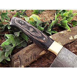 Damascus Steel Kitchen Knife, 14 Inches Long with 9" Long Hand Forged Blade, 2 Tone Dollar Wood Scale with Brass Bolster