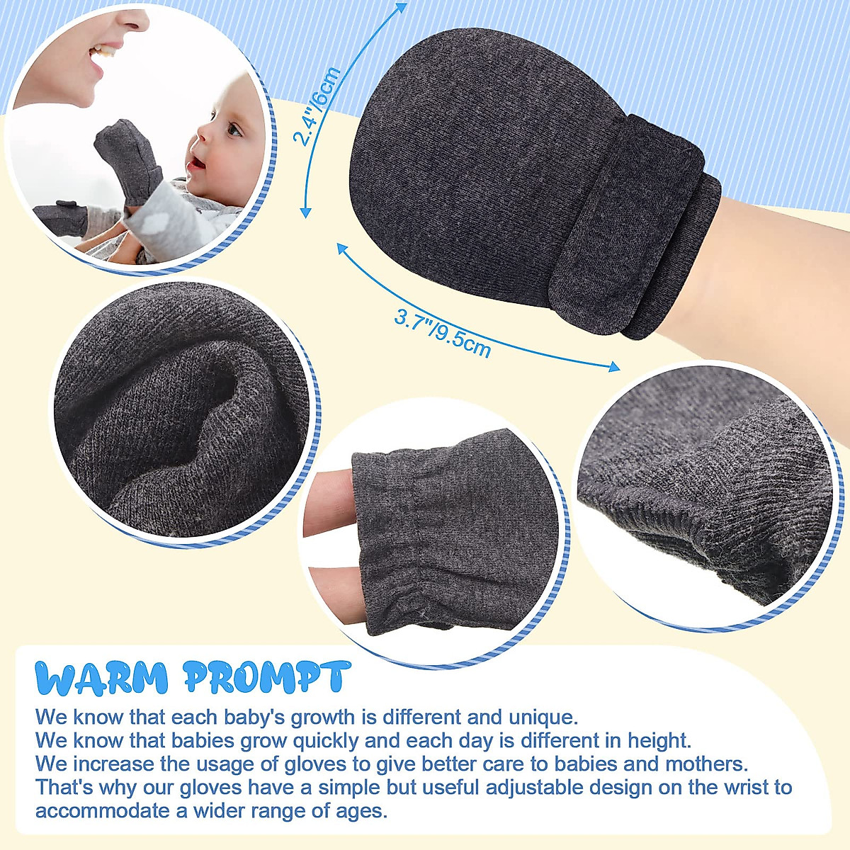Newcotte 6 Pairs Adjustable Baby Mittens No Scratch Newborn Cotton Breathable Gloves Warm Baby Mitts for Boys (Multiple Color)
