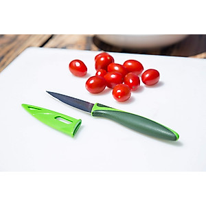 Zyliss Classic Paring Knife Set with Sheath Cover - Precision Knife for Cutting, Slicing & Peeling - Small Culinary 3 ¼” Paring Knife & 3 ¾” Serrated Knife - Carbon Stainless Steel Blade - Red/Green