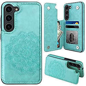 MMHUO for Samsung S23 Plus Case with Card Holder,Flower Magnetic Back Flip Case for Samsung Galaxy S23 Plus Wallet Case for Women,Protective Case Phone Case for Samsung Galaxy S23 Plus 5G,Mint