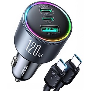 120W Car Charger USB C for iPhone 15 Pro, JOYROOM 3 Port Super Fast Car Charger Adapter PD 100W&35W QC 4.0 Car Phone Charger Fast Charging for iPhone 15/14/13 Pro Max/Samsung S23/22/Laptop
