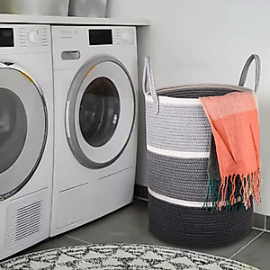 KINGSUSLAY Laundry Hamper, Laundry Basket,Tall Woven Baskets for Blanket storage,Toys,Pillows, Christmas Gifts, Extra Large Nursery Hampers for Laundry(Grey with White-12"x16" Inch)