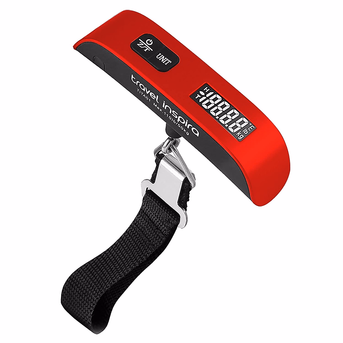 travel inspira Luggage Scale, Portable Digital Hanging Baggage Scale for Travel, Suitcase Weight Scale with Rubber Paint, 110 Pounds, Battery Included - Red